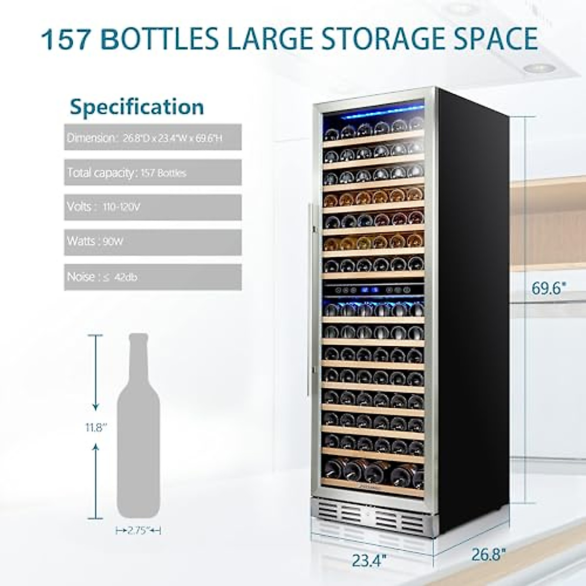 Kalamera 157 Bottle Freestanding Wine Cooler Refrigerator With Stainless Steel, triple-layered Tempered Glass Door, Electronic One-Touch Control with LED Display Wine Fridge