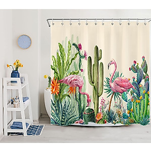 HVEST Cactus Flamingo Shower Curtain for Bathroom, Tropical Green Succulent and Pink Flamingo on Beige Shower Curtain with Hooks, 72X72 inches Sage Green Plant Polyester Fabric Bathroom Curtain
