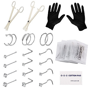 prgislew Nose Piercing Kit Piercing Kit Includes Nose Stud Rings 316L Steel Piercing Needles and Piercing Clamps Nose Nail Piercing Hoops for Nose Piercing Tools, Piercing Supplies