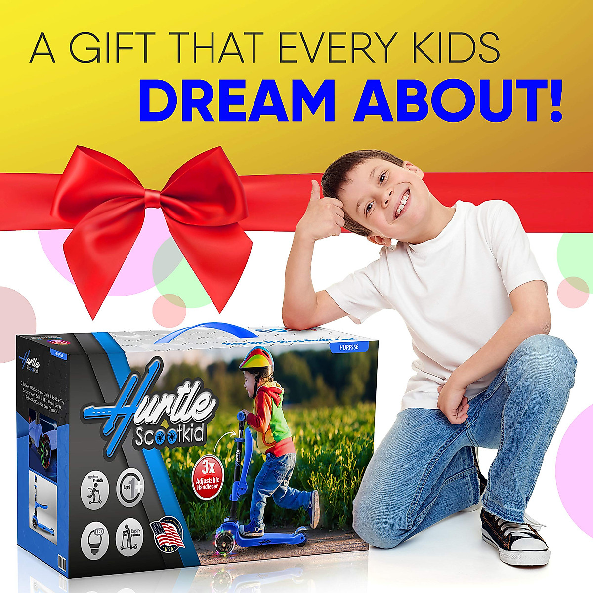 Hurtle 3-Wheeled Scooter for Kids - Wheel LED Lights, Adjustable Lean-to-Steer Handlebar, and Foldable Seat - Sit or Stand Ride with Brake for Boys and Girls Ages 1-14 Years Old - Blue