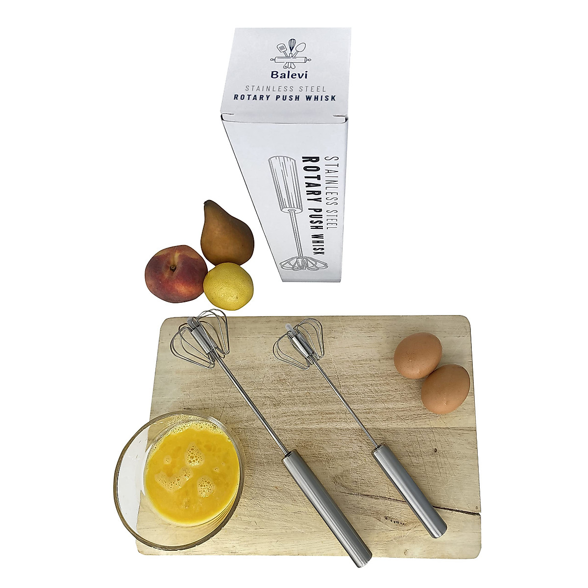 Balevi Stainless Steel Push Whisk - Easy to Use Manual Hand Mixer & Plunger Whisk - Make Froth, Foam & Whipped Cream - Semi Auto Egg Beater Plastic Tip Won’t Scratch Pans (2 Pack 10in & 12in) STEEL