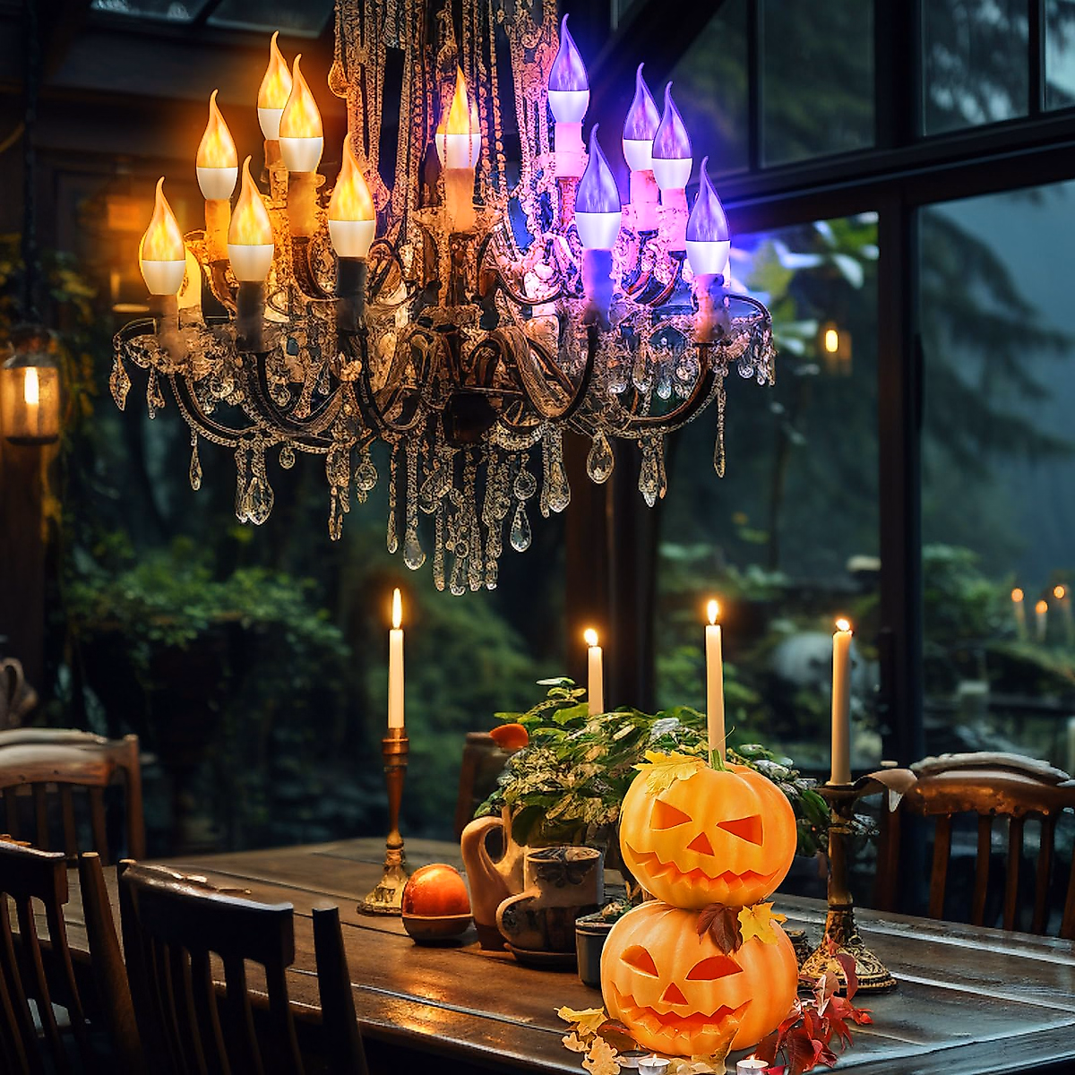 VIHOSE 4 Pcs E12 LED Flame Light Bulbs 3 Mode Flickering Fire Light Bulb E12 Candelabra Chandelier Base Candle Flame Lamp Halloween Christmas Party Porch Indoor Outdoor, 1.2 W, 1800 K(Purple, Orange)