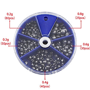 ZRUOYI Split Shot Fishing Weights Sinkers 205Pcs 5 Sizes Weights 0.2/0.3/0.4/0.6/0.8g Round Fishing Line Sinker Removable Egg Lead Assortment