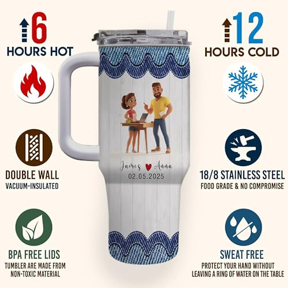 Custom 40oz Tumbler with Handle – Valentine's puzzle-Personalized Couple Gift for Anniversary Wedding Gift, Birthday, Mother's Day, Valentine’s Day tELXVi