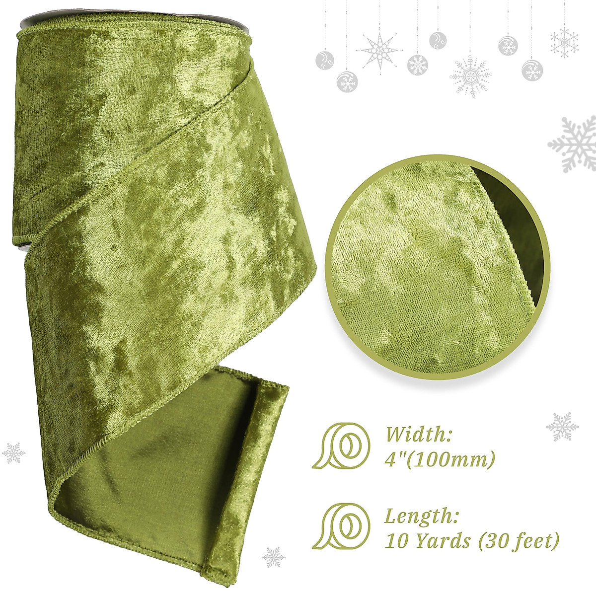 MAYREEL Moss Green Crushed Velvet Ribbon Wired 4" x 10 Yards Extra Wide Christmas Wired Edge Ribbon Green Christmas Decorations Green Ribbon for Gift Wrapping Wreath Tree Topper Bow Making Crafts