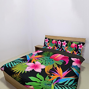 gearider Hawaiian Plant Pattern Black Bedding Set of 3, Ultra Soft Tropical Plumeria Floral Leaves Duvet Cover Set with Zipper Closure - Size Queen