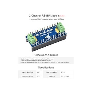 Waveshare 2-Channel RS485 Module Expansion Board for Raspberry Pi Pico, SP3485 Transceiver, UART to RS485, 300500000bps BAUDRATE