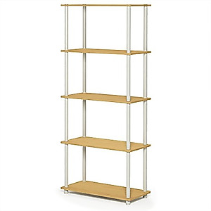 Furinno Turn-N-Tube 5-Tier Multipurpose Shelf/Display Rack/Storage Shelf/Bookshelf, Round Tubes, Beech/White & Turn-N-Tube Display Rack, 3-Tier Single, Beech