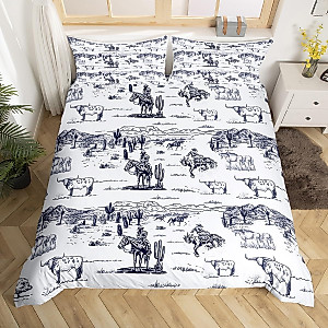 Western Cowboy Duvet Cover Set Queen Size,Sketch Highland Cow Horse Desert Bedding Set for Kids Boys Men Adult Room Decor,Southwest Rustic Farm Animals Comforter Cover Navy White Quilt Cover 3Pcs