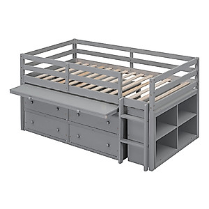 Kids Twin Low Loft Bed with Storage, Twin Size Loft Bed with Portable Desk and 4 Drawers, Wood Twin Loft Bed with Shelves, Modern Farmhouse Junior Loft Bed for Kids Boys Girls, Gray