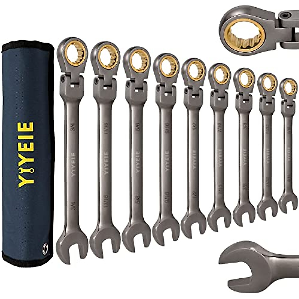 YIYEIE 9 Pc. Flex-Head Ratcheting Wrench Set, SAE 5/16, 11/32, 3/8, 7/16, 1/2, 9/16, 5/8, 11/16, 3/4 Inch, 72 Tooth, Nickel Plating, Cr-V Steel, Flexible Combination Wrench Set with Swivel Ratchet