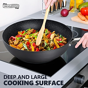 MICHELANGELO Nonstick Wok with Lid, Hard Anodized Wok Pan, Induction Wok 12 Inch, Large Wok Pan with Flat Bottom, Cooking Wok with Steamer Rack & Fry Basket, Woks and Stir Fry Pans - 5 Quart
