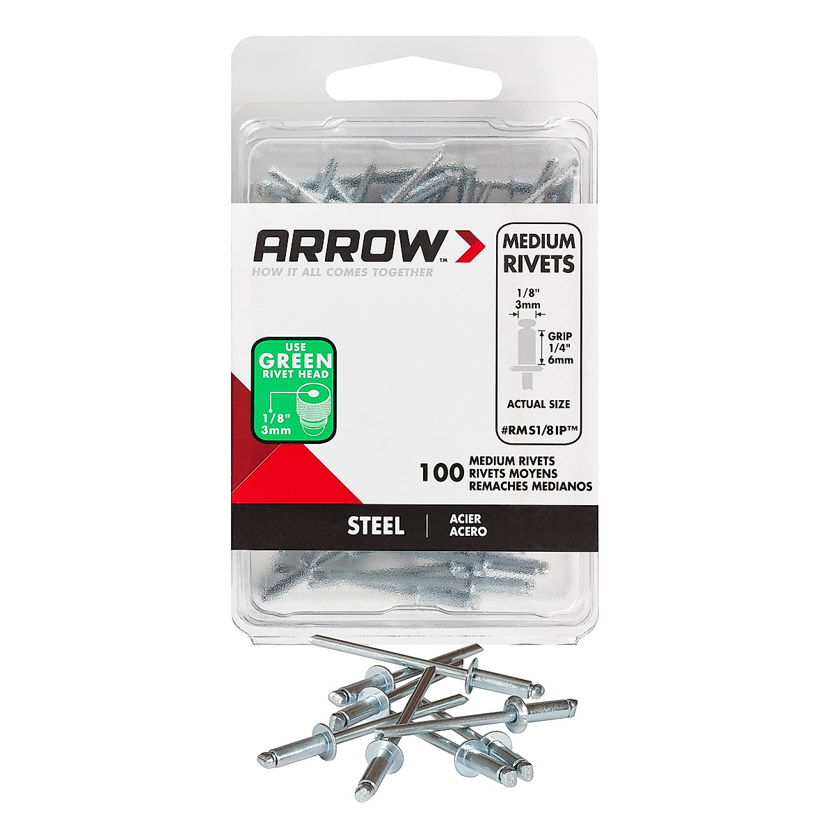 Arrow RMS1/8IP Medium Steel 1/8-Inch Pop Rivets for Metal, Fabric, Leather, and Auto Repair, 100-Pack