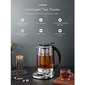 Electric Tea Kettle with 9 Presets, FOHERE Glass Kettle with Removable Infuser, 140℉ to 212℉ Precise Temperature Control, 1200W, 1.7L, Borosilicate Glass | Stainless Steel