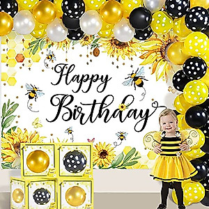 Bee Happy Birthday Backdrop Cute Bee Honeycomb Photography Background Gold Bee Theme Birthday Party Decorations Banner, Bee Baby Shower Backdrop 7x5ft