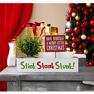 Veichin Double-Sided Christmas Funny Bathroom Decor with Double-Sided Sign, Stink Stank Stunk Box, Toilet Paper Storage Basket, White Wood Tank Tray Organizer with Handles for Christmas Decorative