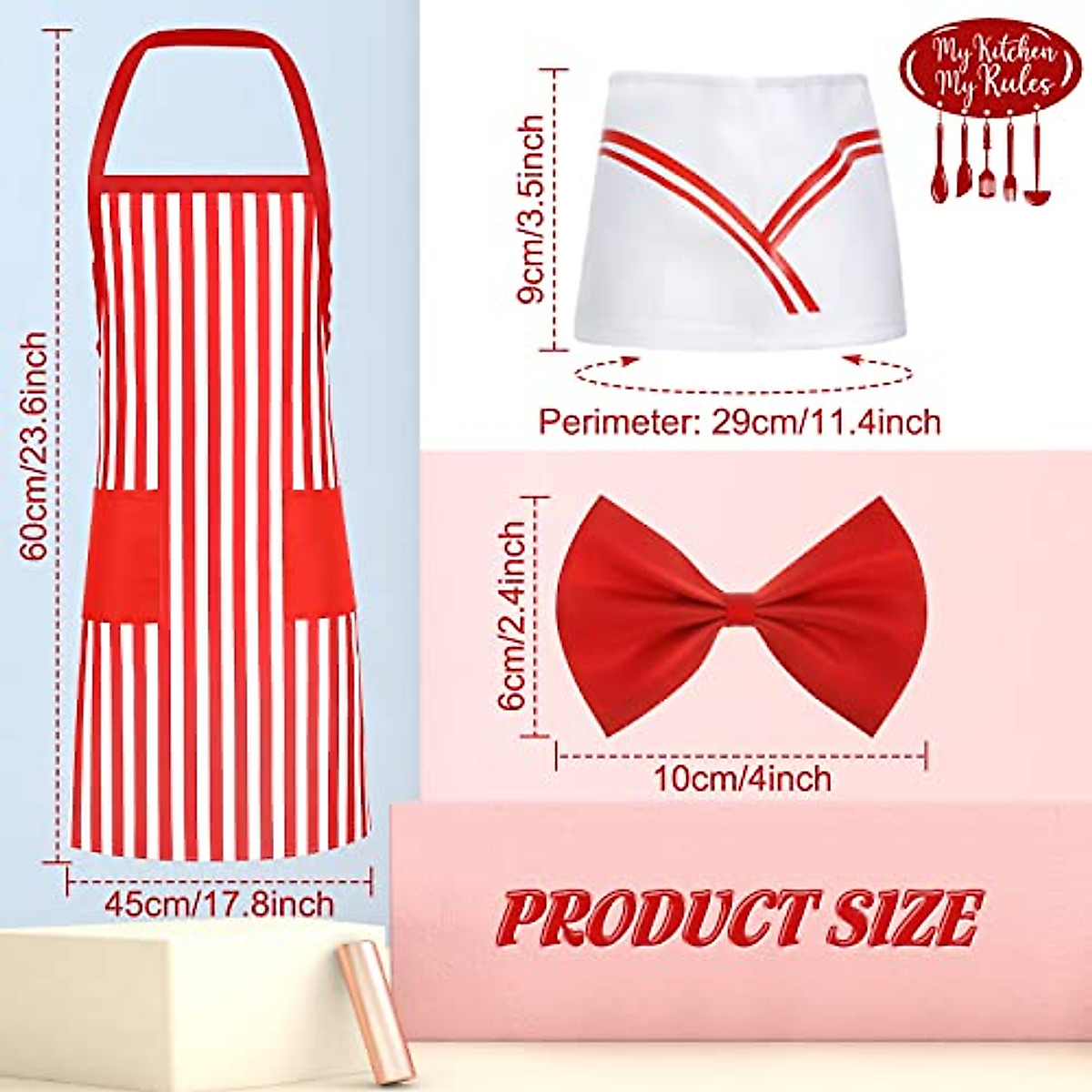3 Pcs Kid Waiter Costume Kit Car Costume Red and White Striped Apron for Kids Adjustable Bib Aprons with 2 Pockets Soda Jerk Chef Hat Adjustable Red Bow Ties for Kids 1950s Dinner Cosplay Dress Party