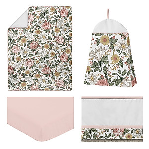 Sweet Jojo Designs Vintage Floral Boho Baby Girl Nursery Crib Bedding Set - 4 Pieces - Blush Pink, Yellow, Green and White Shabby Chic Rose Flower Farmhouse