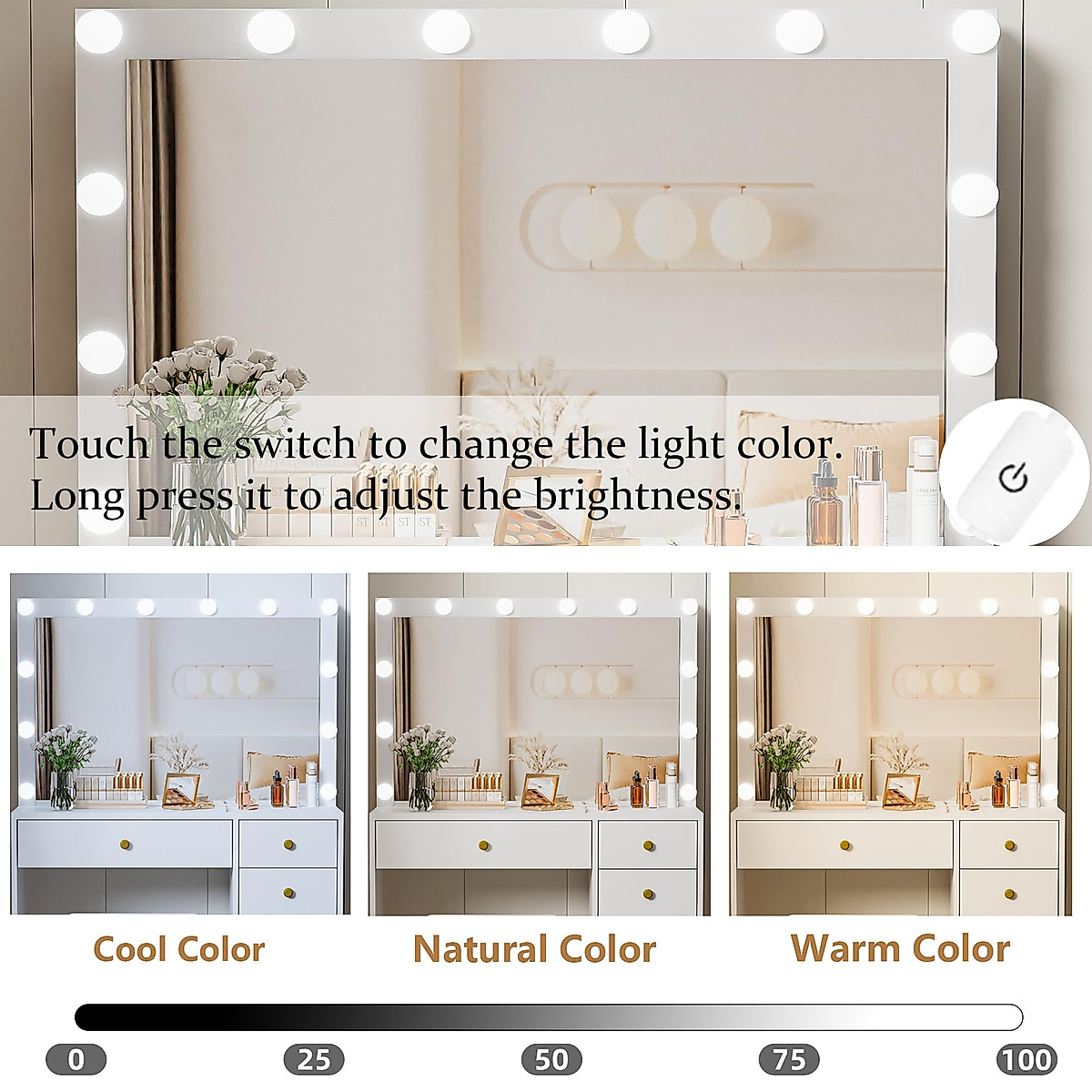 PAKASEPT Makeup Vanity Desk with Lighted Mirror and Charging Station, 39.4" White Vanity Table with 3 Lighting Colors, Hidden Sliding Shelves, 5 Drawers & Stool, Vanity Set for Bedroom