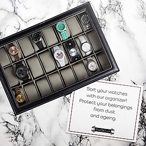 Watch Box Organizer Pillow Case 24 Slot Display Cases With Framed Glass Lid Elegant Contrast Stitching Sturdy and Secure Lock for Men Women Watch and Jewelry Large Holder Boxes