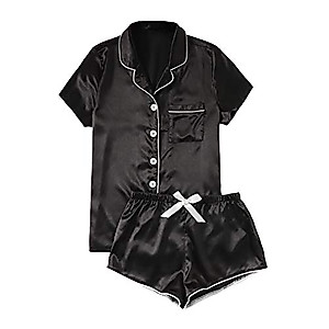 WDIRARA Women's Sleepwear Striped Satin Short Sleeve Shirt and Shorts Pajama Set Dull Black S
