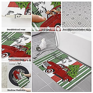 Merry Christmas Kitchen Mat Rug 1 PCS Red Truck with Xmas Tree Cotton Linen Texture Runner Rug Anti-Fatigue Comfort Memory Foam Standing Mat Non-Slip Floor Door Mat for Bathroom Bedroom 24x71in