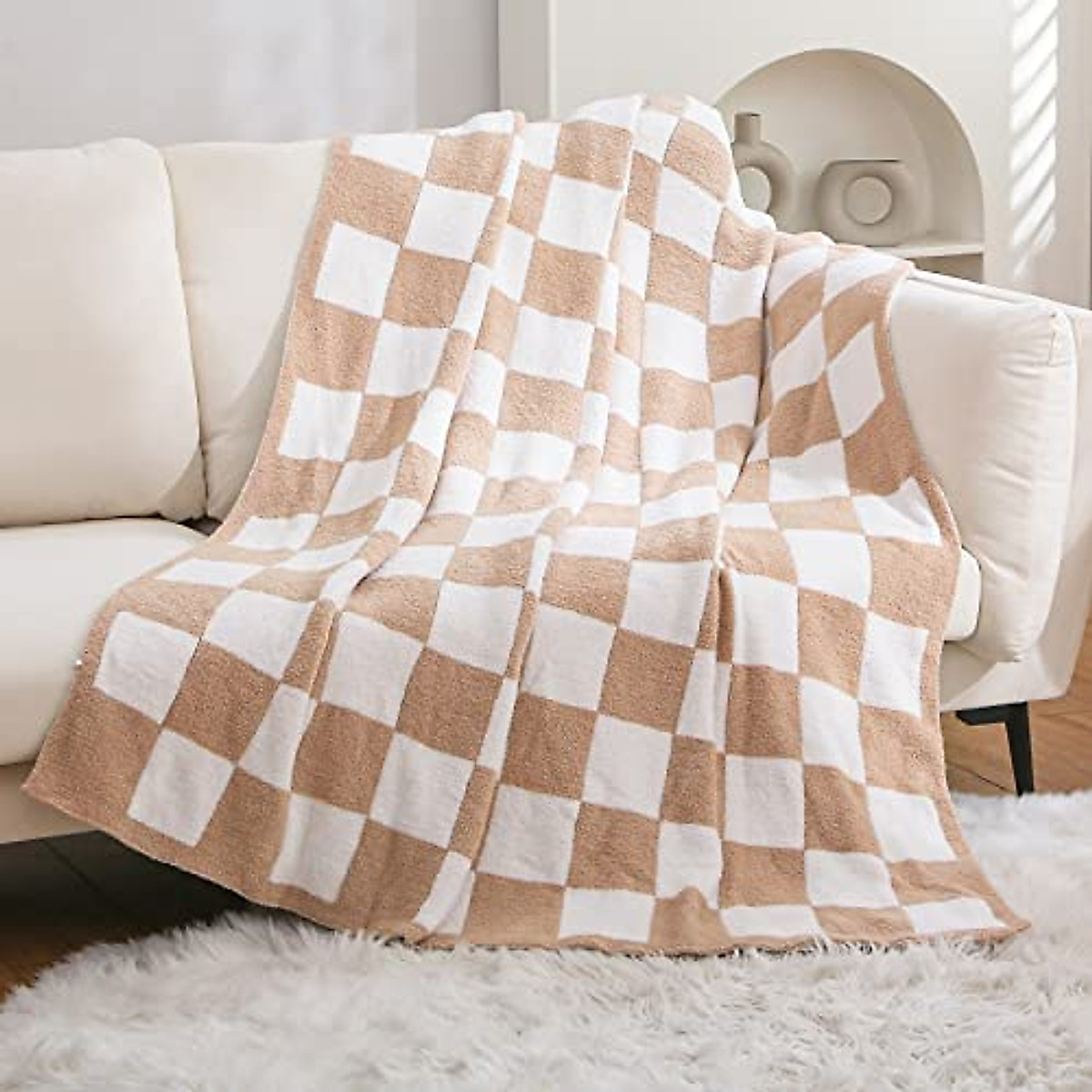 WESHIONGOO Brown Checkered Blanket Knit Throw Blanket with Checkerboard Reversible Chessboard Gingham Plush Cozy Warm Decor for Couch Bed Sofa(50"×60" inch)