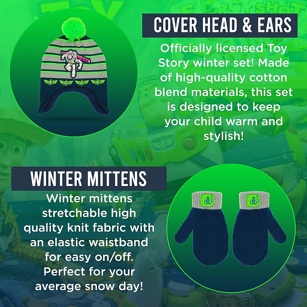 Disney Toy Story Buzz Lightyear Toddler Winter Hat and Snow Gloves for Boys 2 Pc. Set, Soft Mittens with Warm Pom-Pom Beanie