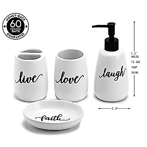 Adavas.Y&G Bathroom Accessory Sets with Sweet Quotes, Durable Ceramic Set W/Toothbrush Holder,Soap Dispenser,Tumbler, Soap Dish,Great for Farmhouse Decor (White 1)