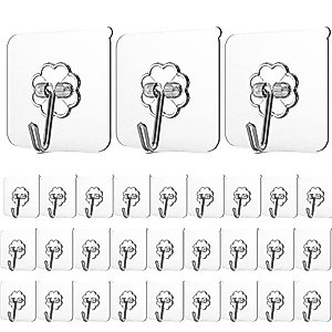 通用 30 Pcs Adhesive Hooks,Transparent Heavy Duty 12 lb(MAX) Wall Hooks for Household Use, Professional Waterproof and Oil Proof Bathroom Kitchen Adhesive Wall Hooks, 2.36 x 2.36 inches (Hooks-008)