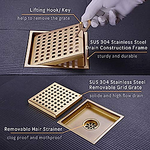 Orhemus Square Shower Floor Drain with Removable Cover Grid Grate 6 inch Long, SUS 304 Stainless Steel Brushed Gold Brass Finished