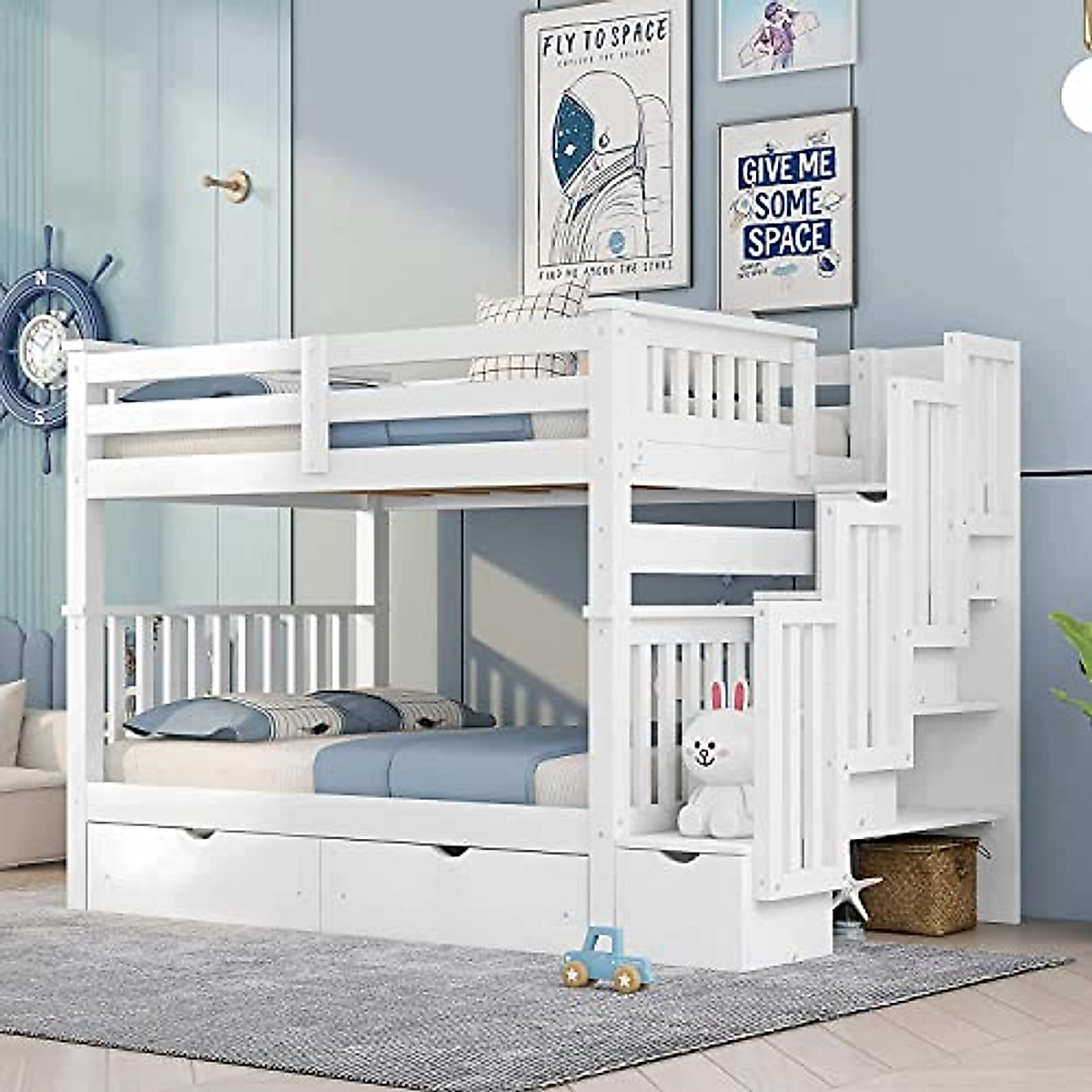 Harper & Bright Designs Full Over Full Bunk Bed with Stairs for Adults,Wooden Full Bunk Beds with 6 Storage Drawers and Shelves, Detachable Full Size Bunk Beds for Teens,Kids,Boys & Girls,White