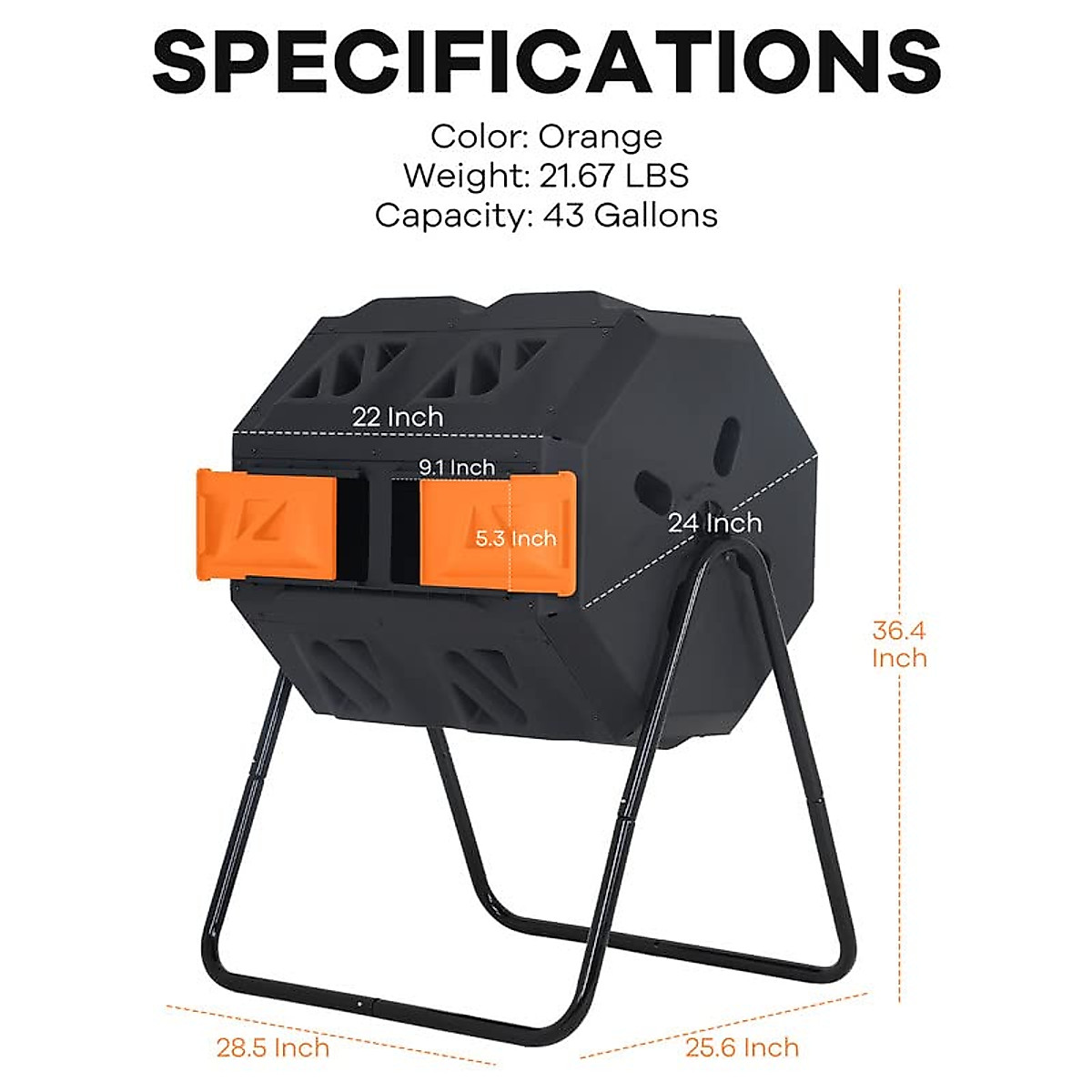 MGHH Outdoor Composting Bins, Tumbling Composter Dual Rotating Batch Compost Bin, for Yard Waster 43 Gallon- Orange Door