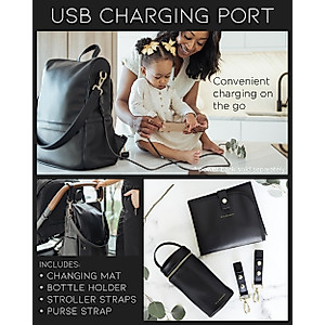 MIA + SOPHIA Leather Diaper Bag Backpack with Changing Pad, Stroller Straps, Bottle Holder (Black Mia)