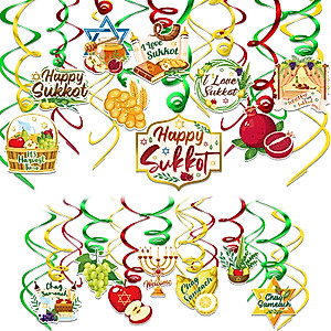 HOWAF 30pcs Happy Sukkot Hanging Swirls, Happy Sukkot Party Decoration Foil Swirls, I Love Sukkot Ceiling Swirls, Chag Sameach Harvest Hanging Streamer for Jewish Festival Holiday Party Supplies