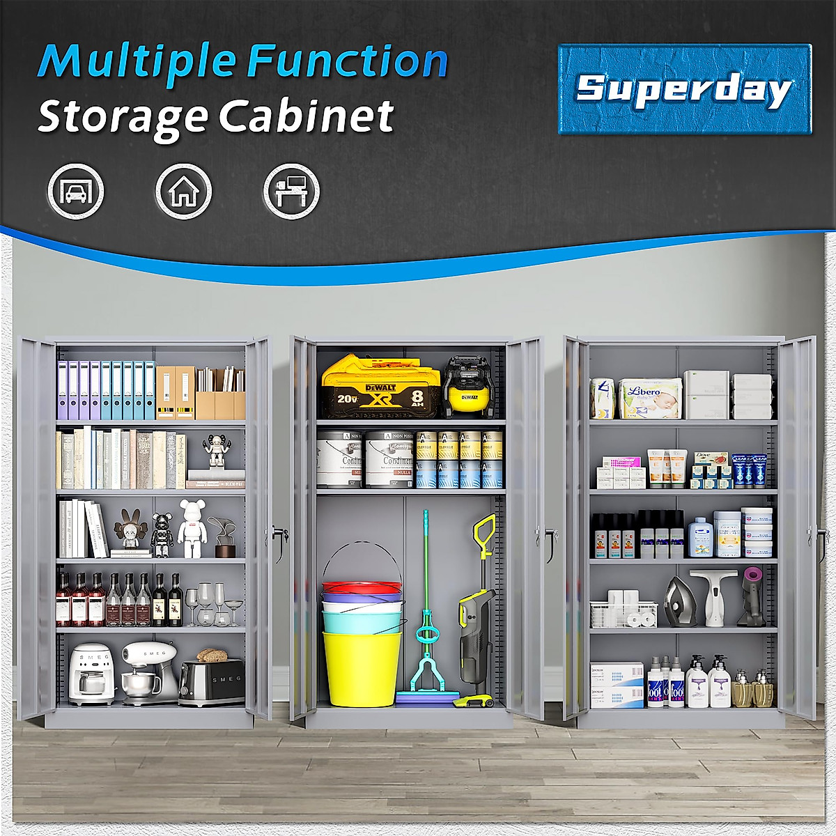 Superday 71" Lockable Steel Storage Cabinet, Locking Metal Storage Cabinets, Grey Metal Cabinet with 2 Doors and 4 Adjustable Shelves for Garage, Home Office, Classroom, File, Easy Assemble