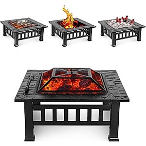 LEAYAN Garden Fire Pit Grill Bowl Grill Barbecue Rack Outdoor Fire Pit Table,3 in 1 Fire Pit Metal Fire Pit Square Stove e Garden Patio Heater with BBQ Frames Waterproof Cover for Party Picnic