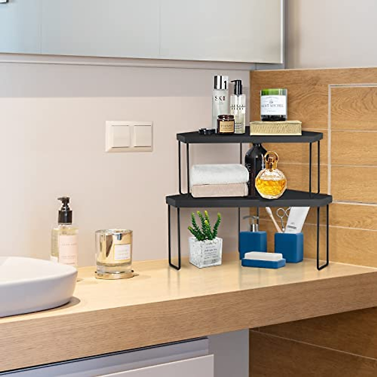 Ameuphercy 2-Tier Countertop Organizer Set of 2, Black, Rustic, Corner Shelf, Space Saving, Sturdy