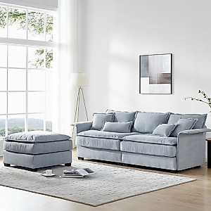DEINPPA Sectional Sofa with Bentwood Armrests, Modern Deep Seat Sofa Couch with Ottoman, Tech Cloth Upholstered Sleeper Sofa, Comfy Furniture for Living Room, Apartment, Studio, Office-Blue