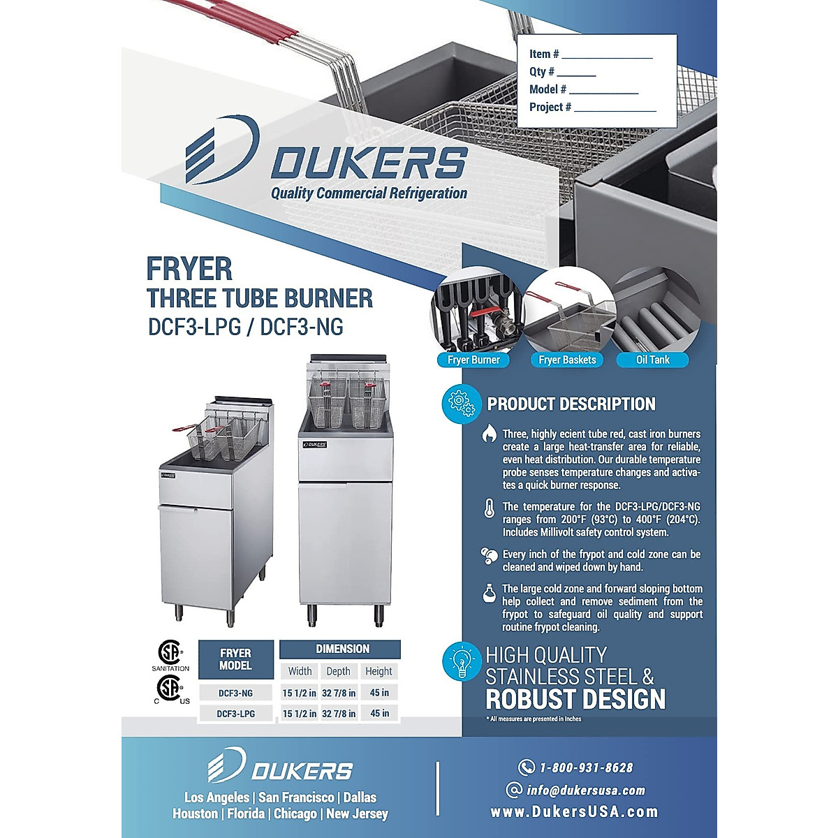 Dukers DCF3-LPG Liquid Propane Gas Commercial Floor Deep Fryer with 3 Tubes Burners 40lb 90,000 BTU
