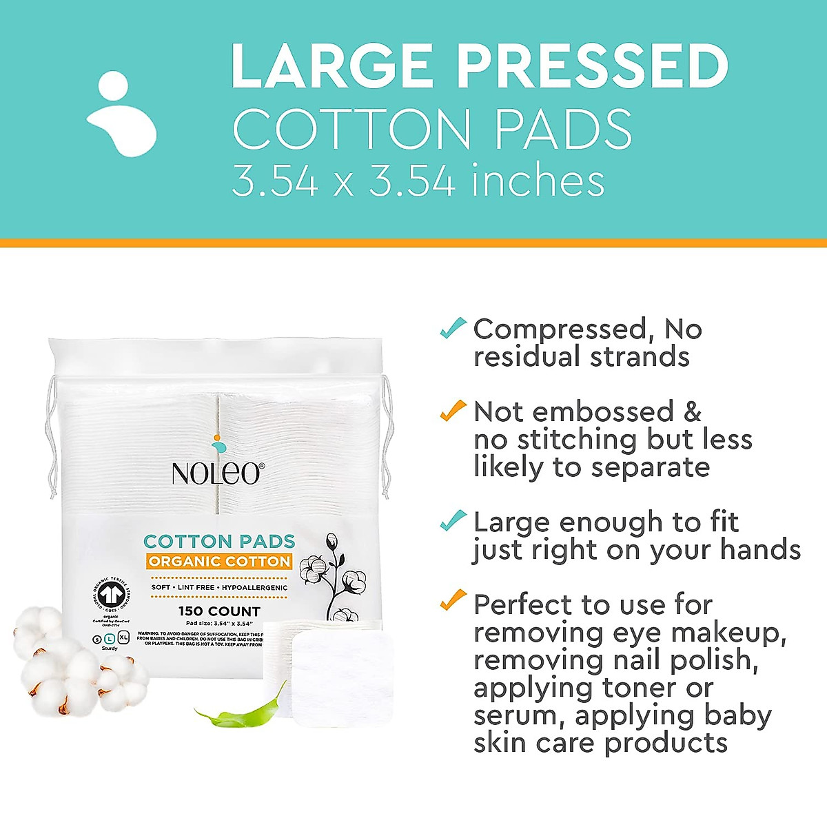 Noleo Organic Cotton Pads with 3-in-1 Diaper Care - 150ct Large & Pressed Cotton Squares 3.54x3.54in Pads - 8oz All in One Baby Cleanser, Baby Lotion & Diaper Rash Cream