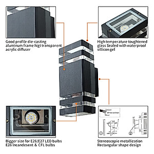 Tenlison 2 Pack Outdoor Wall Light Modern Waterproof Up Down Aluminum Cylinder LED Fixtures Dual Head Lamp With E26E27 Socket AC85-277V for Courtyard Garden Porch Corridor.(Including bulb), 2P