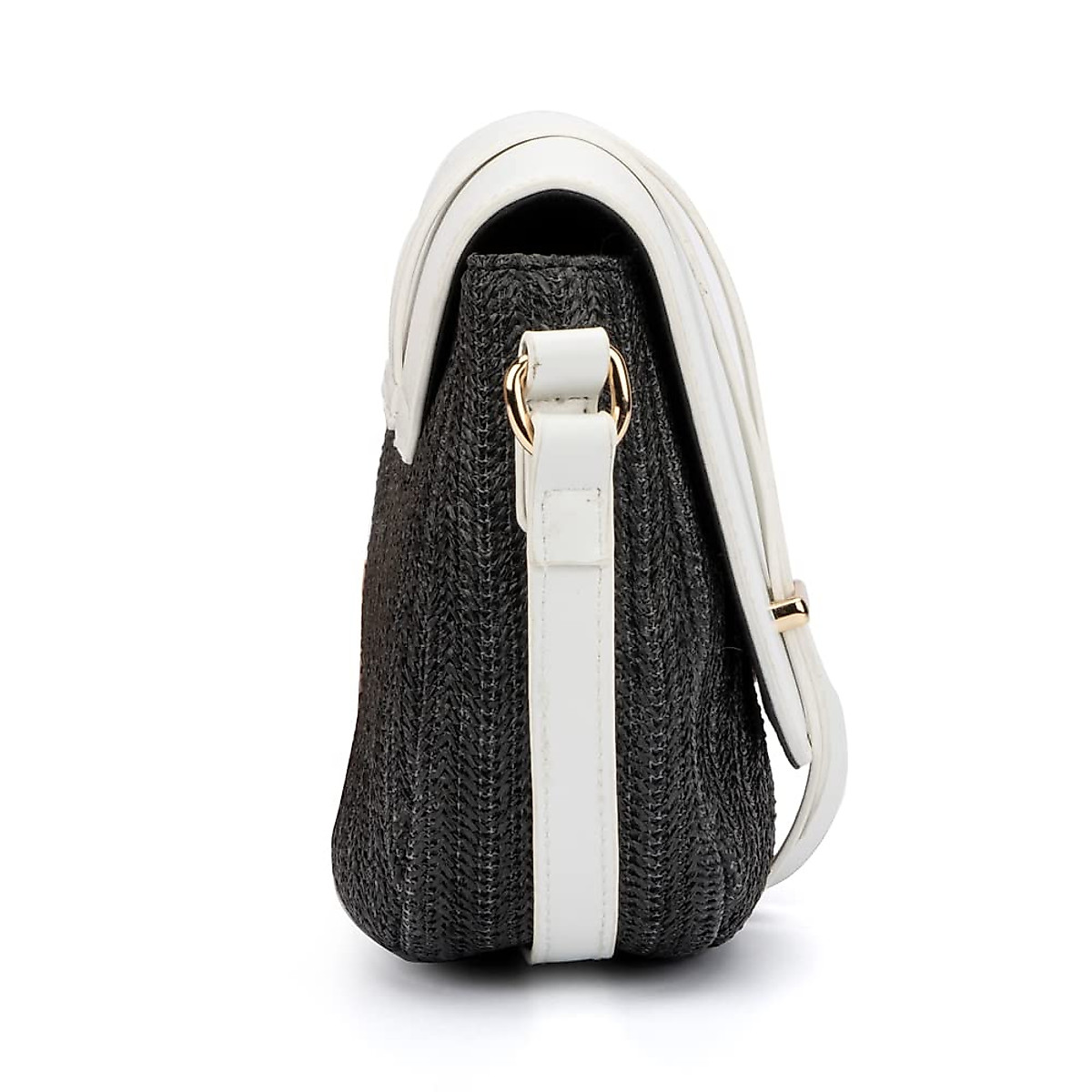 Olivia Miller Women's Fashion Rowan Natural Straw w PU Vegan Leather Front Flap, Black White Small Crossbody Bag w Adjustable Strap, Evening Everyday Casual Work Purse Handbag