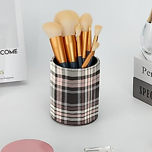 VIOQXI Pencil Pen Cup Pot for Classroom, Women's Makeup Brush Holder, Classic Plaid Check Pattern Black Gray Round Pencil Caddy Desk Organizer, Stationery Supplies