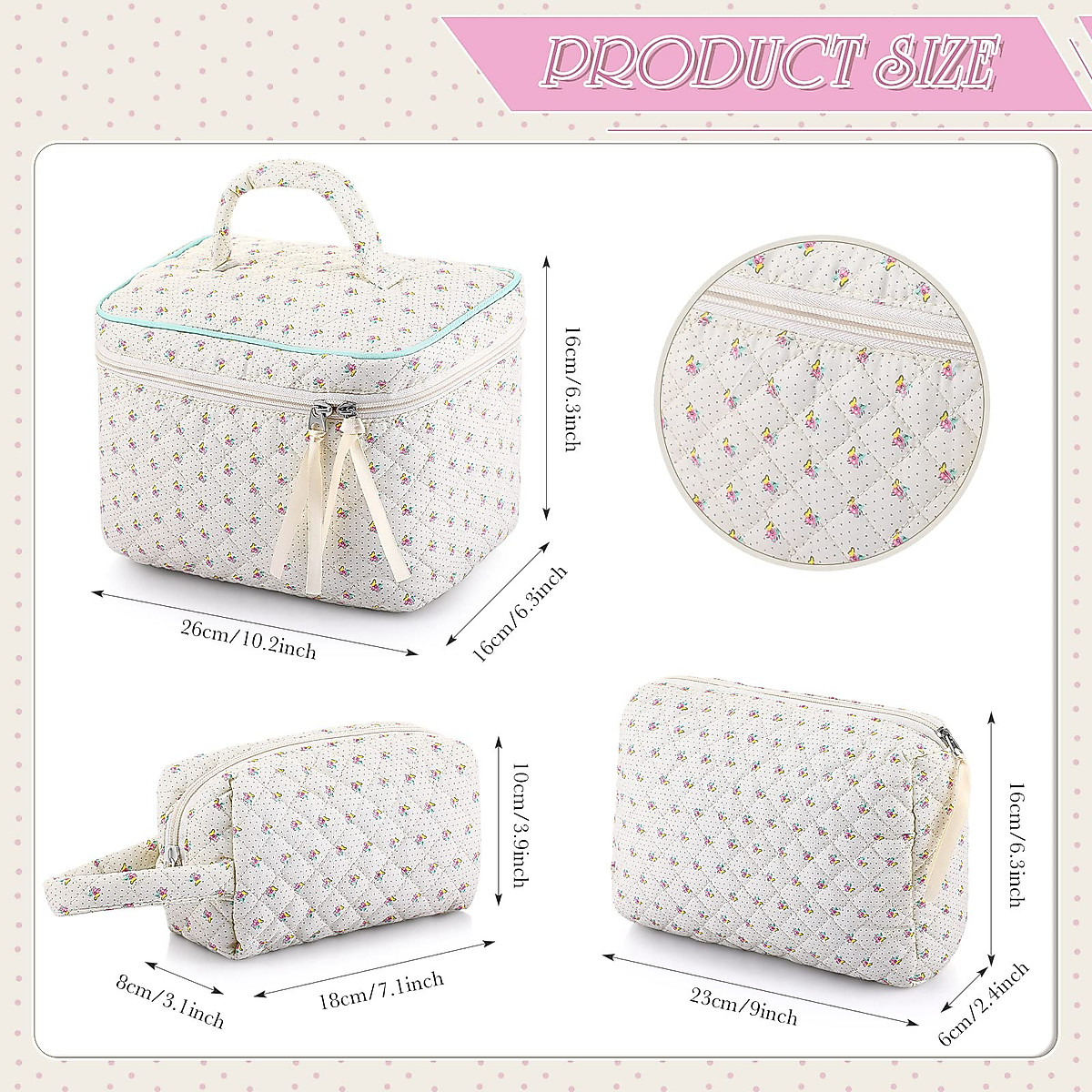 Paterr 3 Pieces Cotton Quilted Makeup Bag Set Coquette Cosmetic Bag Aesthetic Travel Toiletry pouch Cute Pouch Kawaii Aesthetic for Women(White,Little Flower)