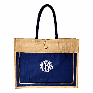 Vintage Style Jute with Cotton Pocket Reusable Large Tote Grocery Shopping Bag - Custom Personalization Available (Navy - Embroidered Monogram)