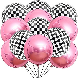 KatchOn, Metallic Pink Balloons - Pack of 24 | Pink Foil Balloons, Checkered Flag Balloons | Black and White Checkered Balloons for Pink Birthday Party Decorations and Race Car Birthday Party Supplies