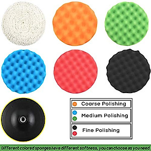 OTUAYAUTO 7 inch Buffing Polishing Pad - 5pcs Waffle Foam, 1pc Wool Polishing Pad and a M14 Threaded Polisher Grip Backing Plate