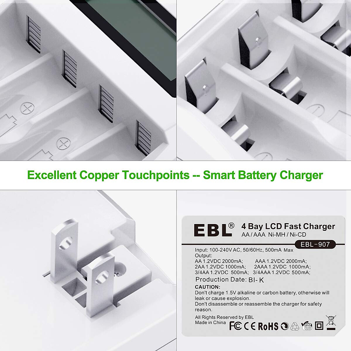 EBL LCD Battery Charger Smart Individual 907 AA AAA Rechargeable Battery Charger for Ni-MH Ni-CD Rechargeable Batteries