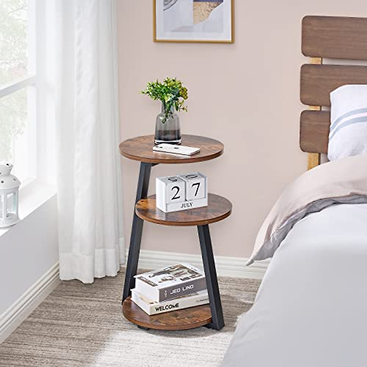 BEWISHOME Round End Table Side Table with Metal Frame, Accent Table Nightstand Bedside Table with 3-Tier Shelves, Small Table for Living Room Bedroom Couch Table Patent ID29897359 Rustic Brown KTZ41Z